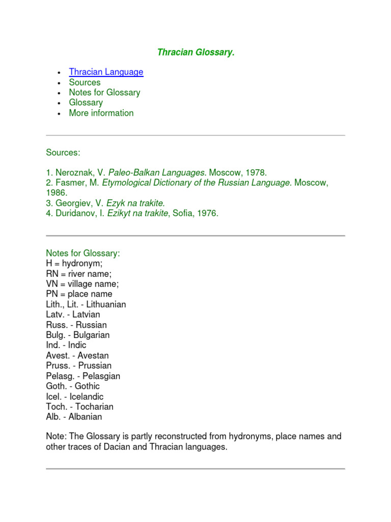 Thracian Glossary | PDF | Languages Of Europe | Languages