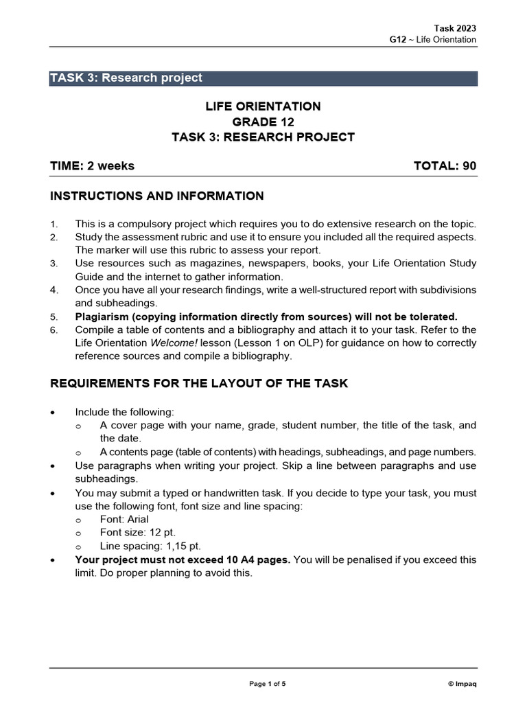 Life Orientation Grade 12 Task 3: Research Project TIME: 2 Weeks TOTAL: 90 Instructions and ...
