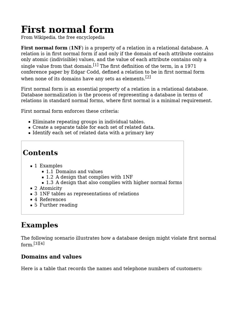 First Normal Form: First Normal Form (1NF) Is A Property of A Relation in A Relational Database ...