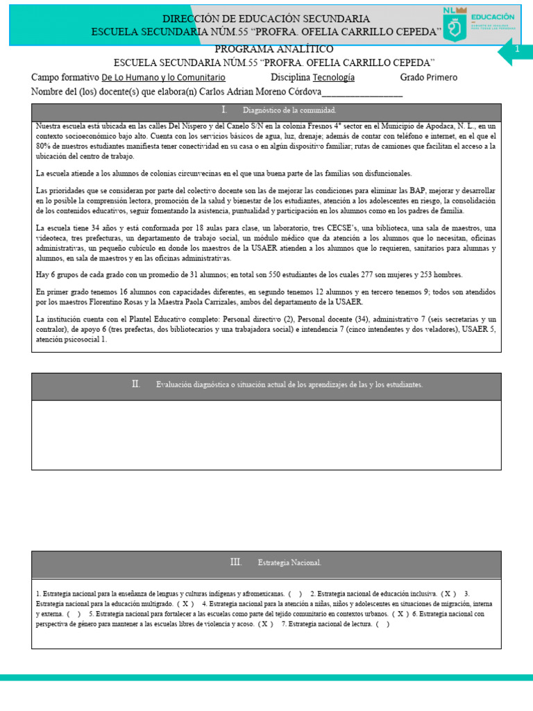Analítico Tecnología 1ro. Grado | PDF