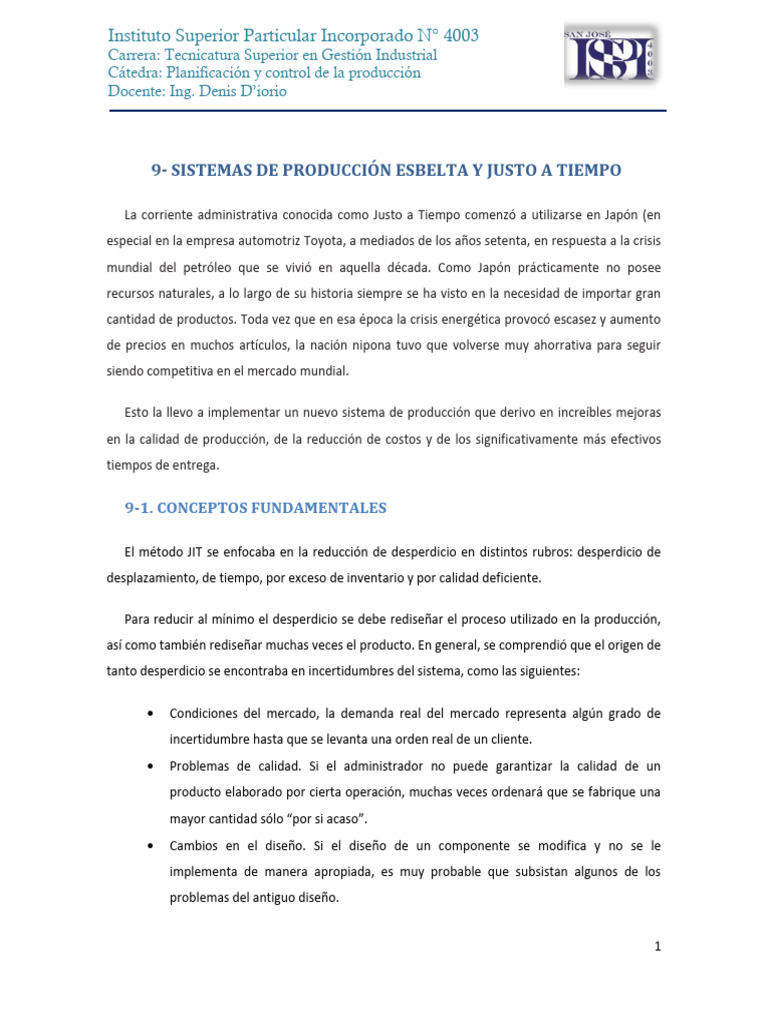 9 - Sistemas de Producción Esbelta y Justo A Tiempo | PDF | Lean Manufacturing | Calidad (comercial)