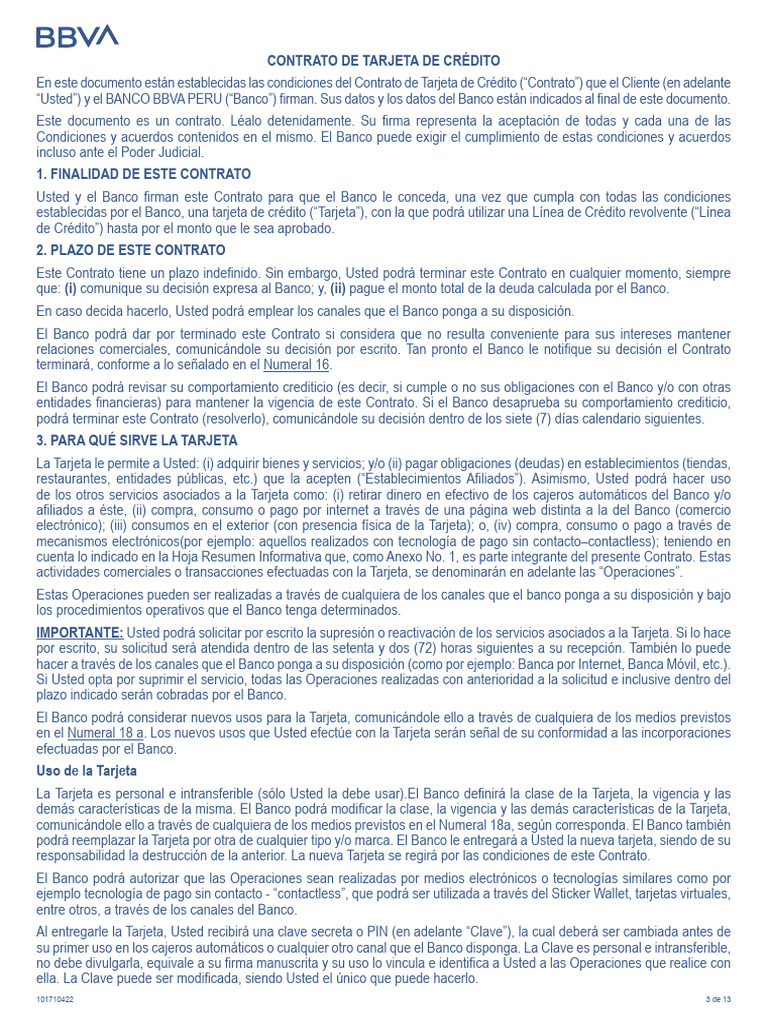 Contrato Tarjeta Crédito BBVA Perú | PDF | Bancos | Tarjeta de crédito