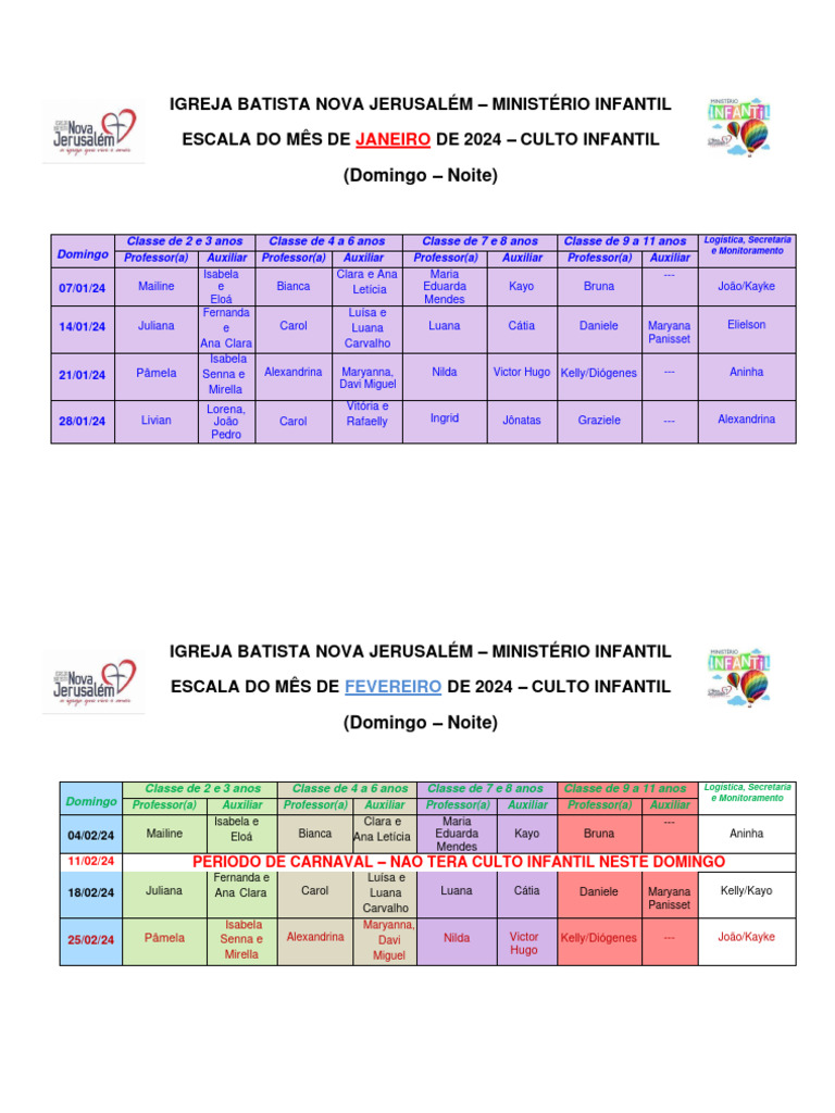 Escala Culto Inf 2024 1 Jan Fev | PDF