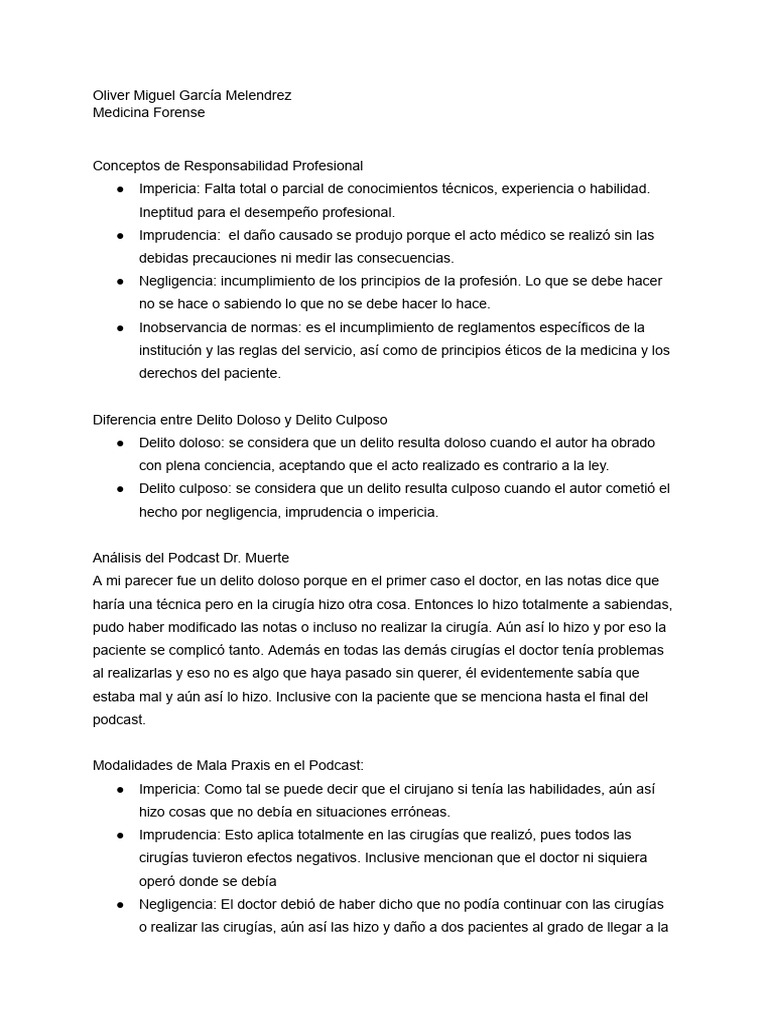 Tarea 1. Medicina Forense. Oliver Miguel García Melendrez | PDF | Intención (Derecho Penal ...