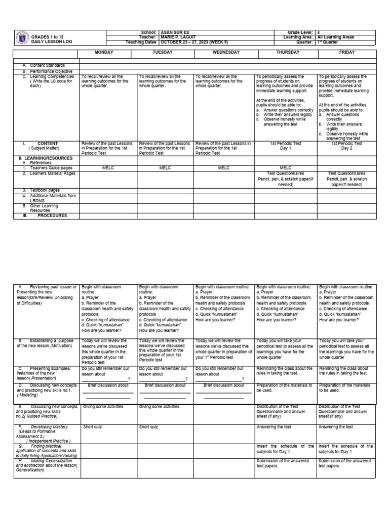 DLL WEEK 10 REVIEW and PT in English Wordings | PDF