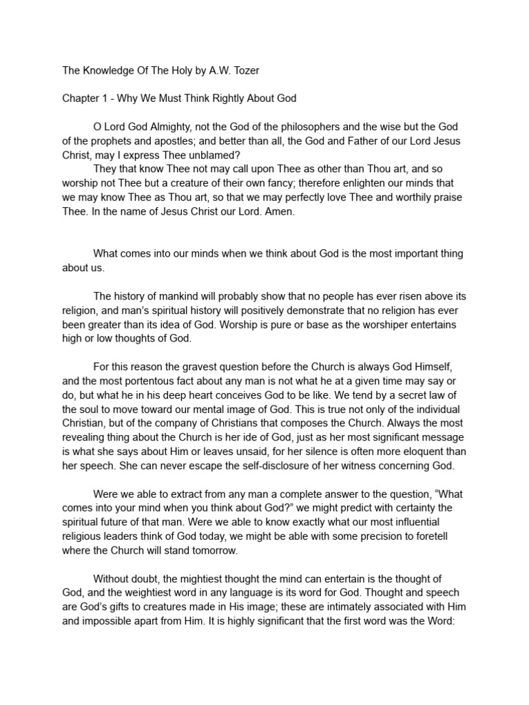 The Knowledge of The Holy by A.W.T | PDF | God | Idolatry
