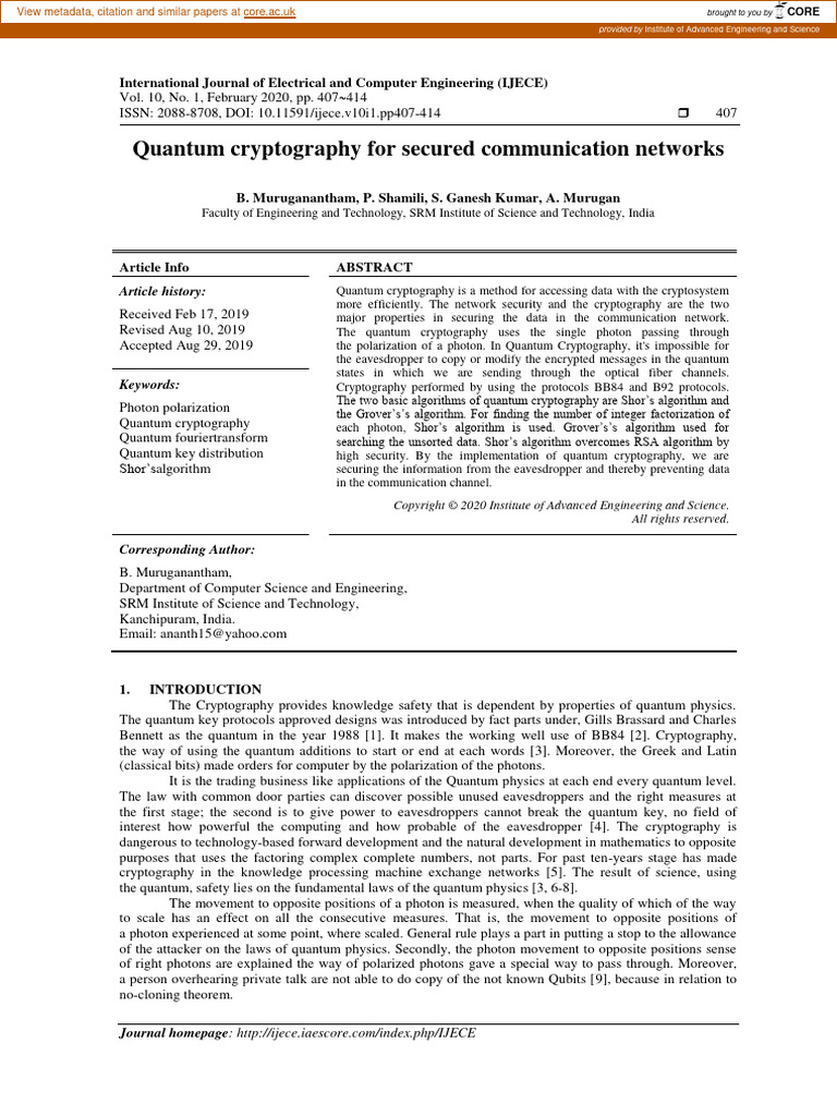 Quantum Cryptography For Secured Communication Networks | PDF