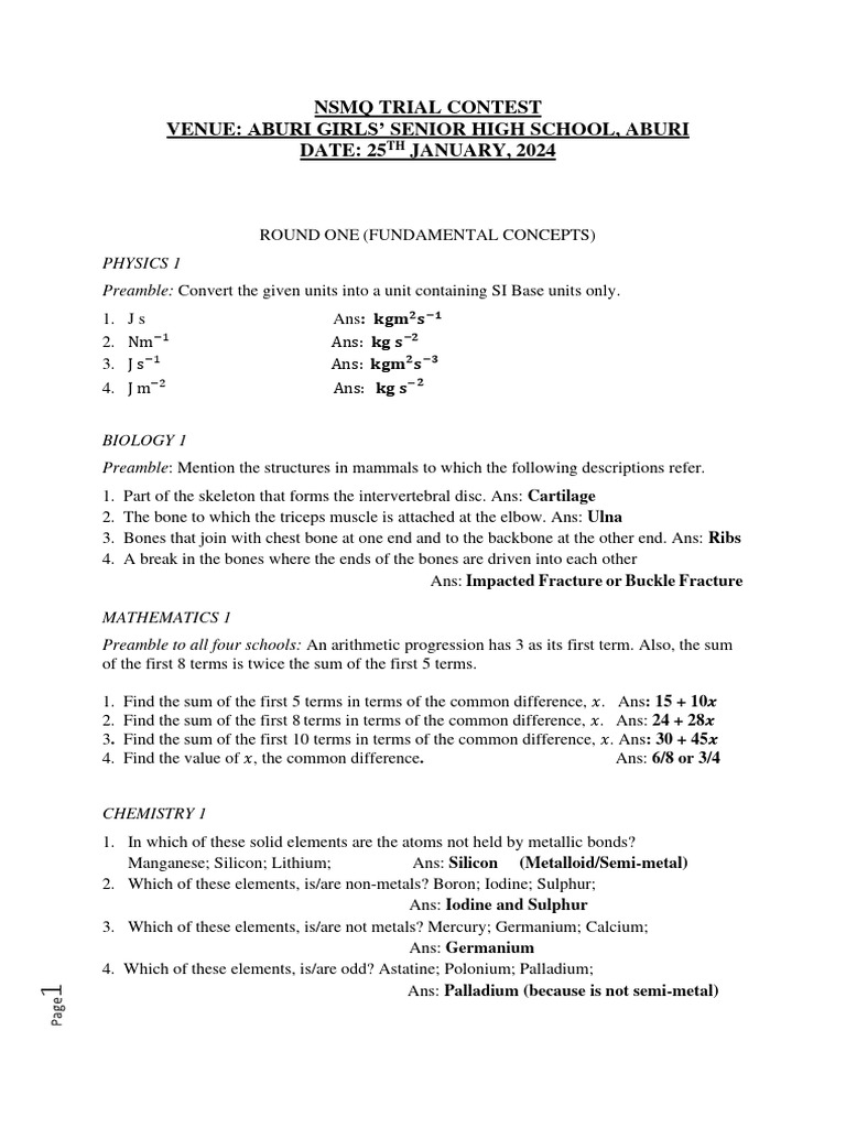 Yks Sample NSMQ Trial Contest Questions For Aburi 25TH Jan 2025 ...