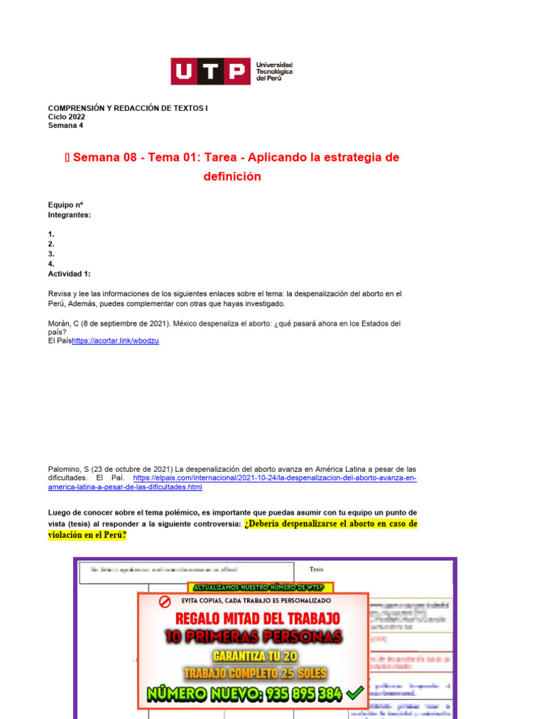 ? Semana 05 - Tema 01 Tarea - Aplicando La Estrategia de Definición ...