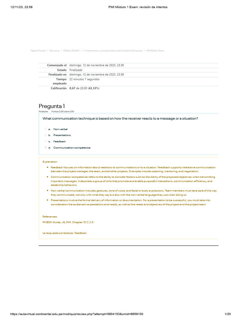 PMI Módulo 1 Exam_ revisión de intentos | PDF | Communication | Project Management