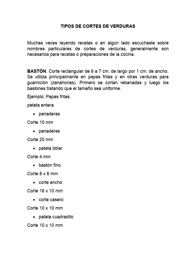 Tipos de Cortes de Verduras en Cocina | PDF | Alimentos | Cocinando