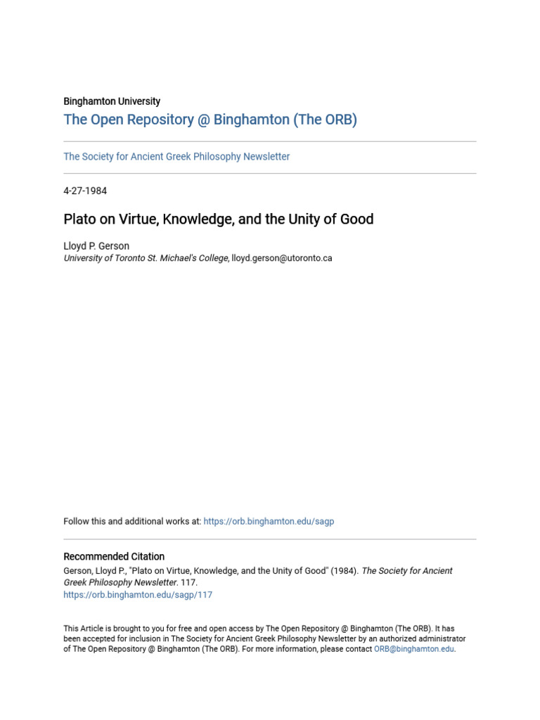 Plato On Virtue Knowledge and The Unity | PDF