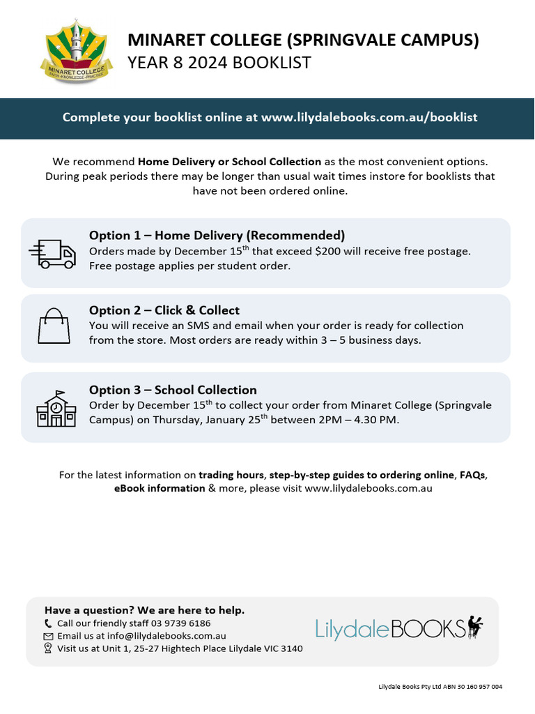 BookList - Minaret-College-Springvale-Year-8 2024 | PDF