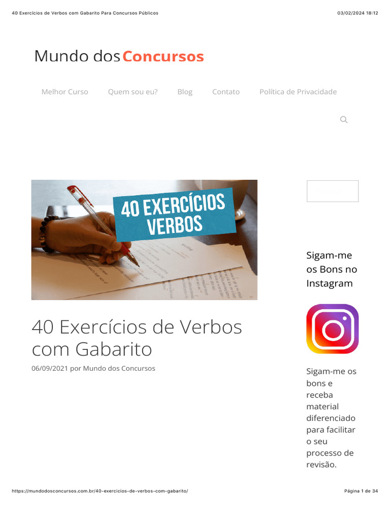 40 Exercícios De Verbos Com Gabarito Para Concursos Públicos Pdf