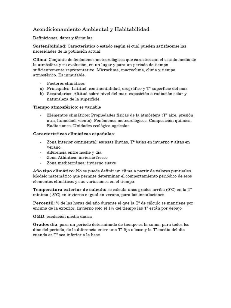P1 AAH Definiciones, Datos y Fórmulas | PDF | Clima | Sonido