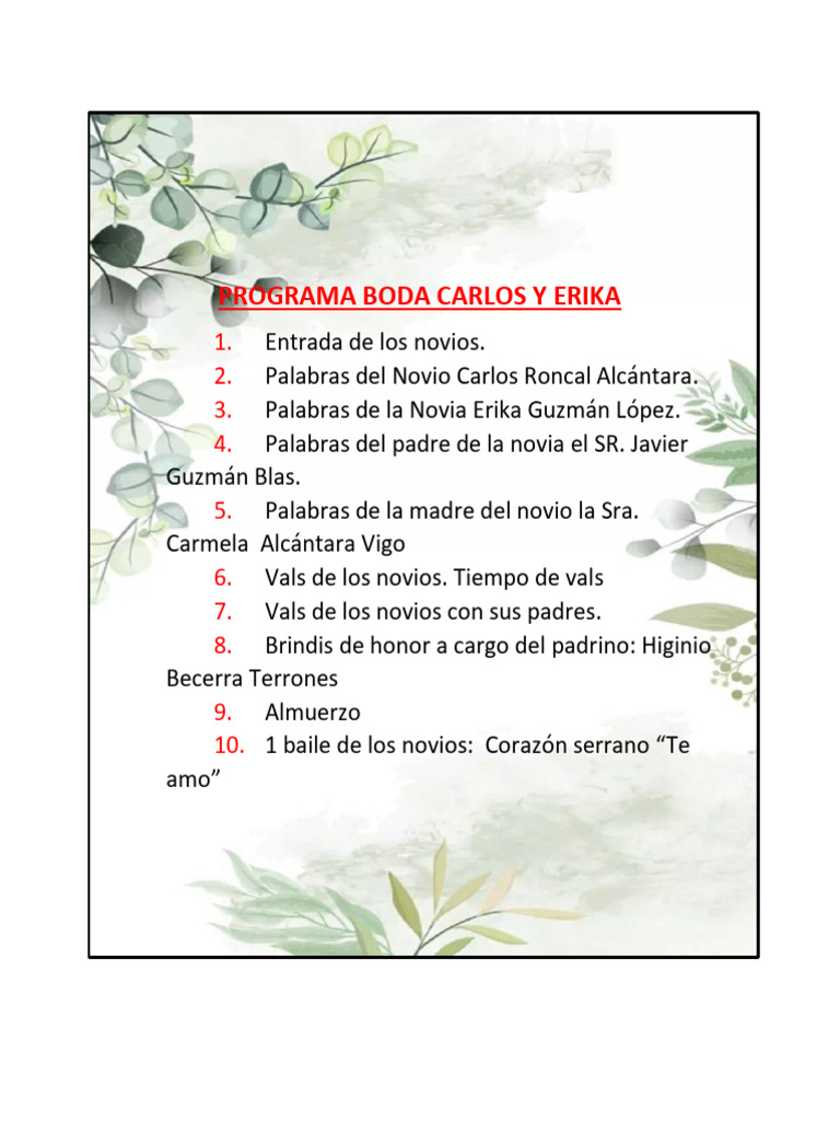 Programa Boda Carlos y Erika | PDF
