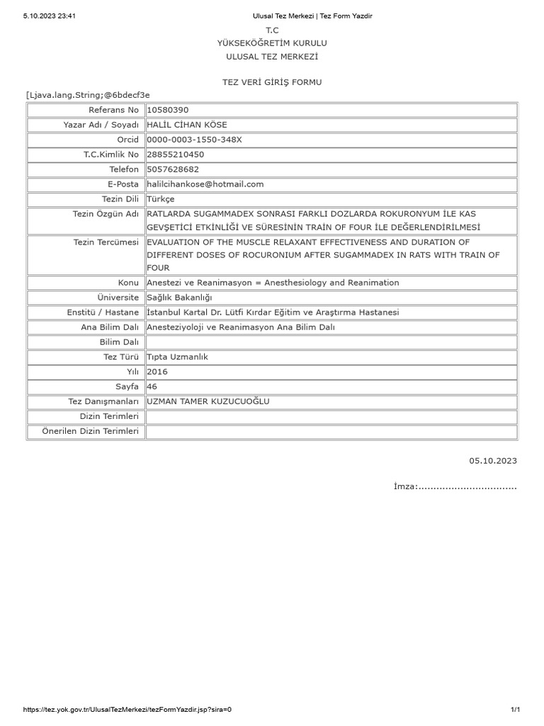 Ulusal Tez Merkezi - Tez Form Yazdir | PDF