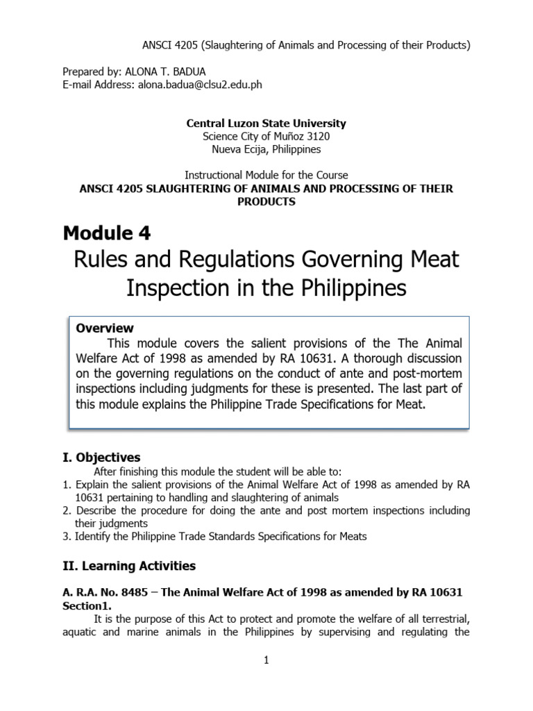 Module 4- Rules and Regulations Governing Meat Inspection in the ...