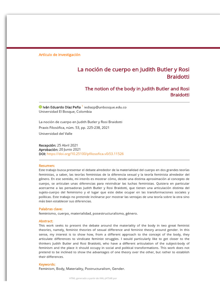 La Noción de Cuerpo en Judith Butler y Rosi Braidotti | PDF