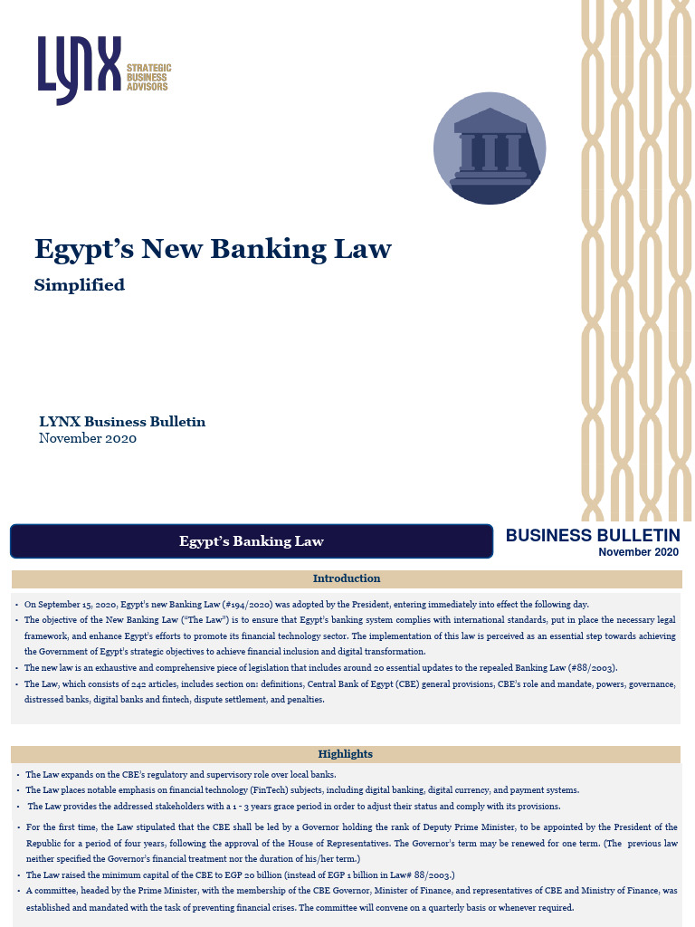 Egypt's Banking Law 194/2020 Overview | PDF | Banks | Bank Regulation
