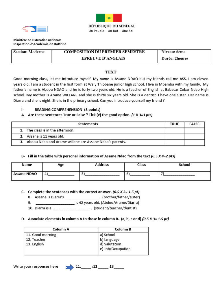 Epreuve Anglais Sixieme Composition Premier Semestre 2023-2024 | PDF