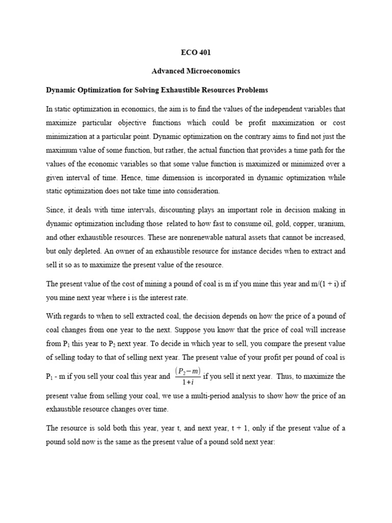 ECO 401 Dynamic Optimization For Solving Exhaustible Resources Problem ... ECO 401 Dynamic Optimization For Solving Exhaustible Resources Problem ...