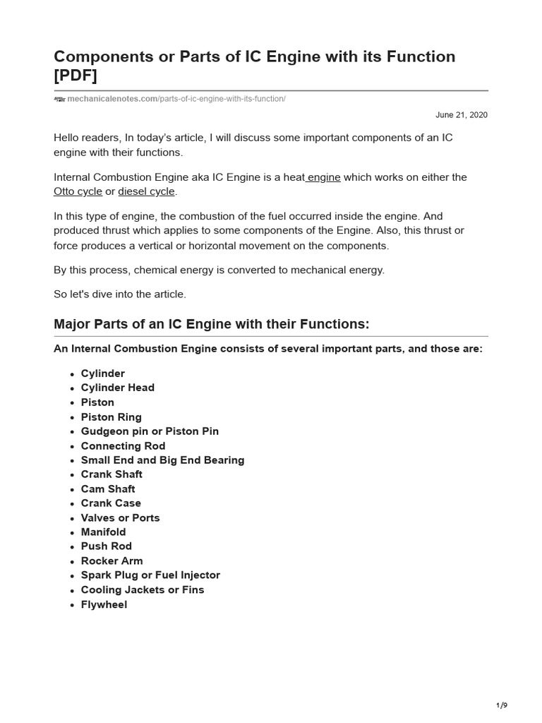 Components or Parts of IC Engine with its Function PDF | PDF | Internal ...