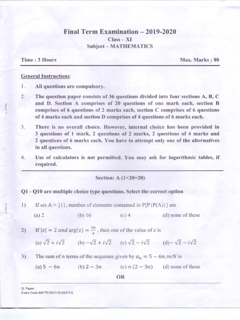 11th Maths Paper 1 | PDF