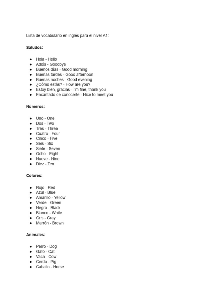 Ingles A1 Vocabulario en Lista | PDF