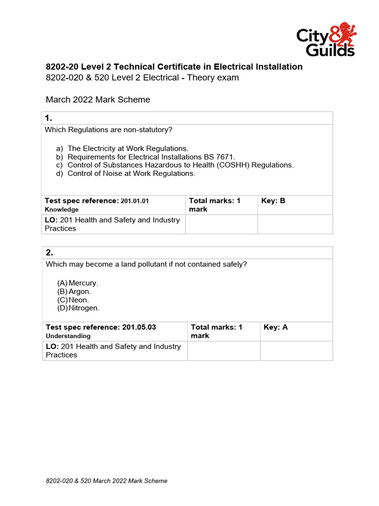 Level 2 Electrical Installation Mark Scheme | PDF