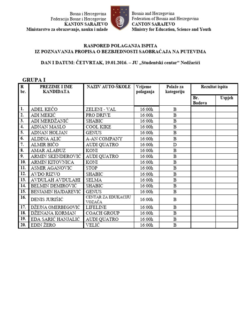 Raspored T 19 01 Ju Studentski Centar Nedzarici 0 | PDF