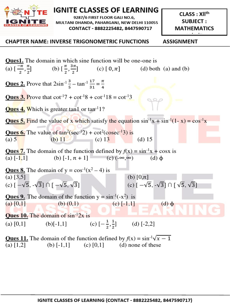 Assignment (Inverse Trigonometric Functions) | PDF Assignment (Inverse Trigonometric Functions) | PDF