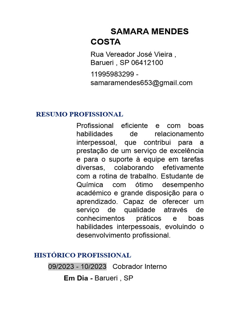 Currículo Samara 2023 Atualizado | PDF