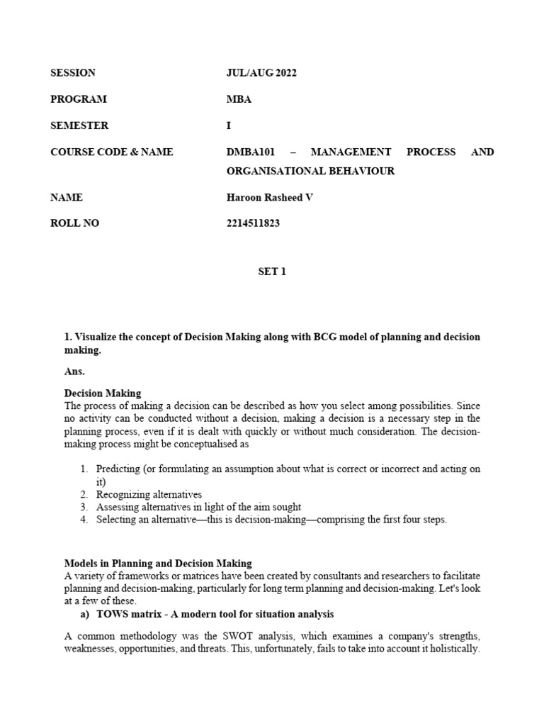 Dmba101 Management Process And Organisational Behaviour 1 PDF