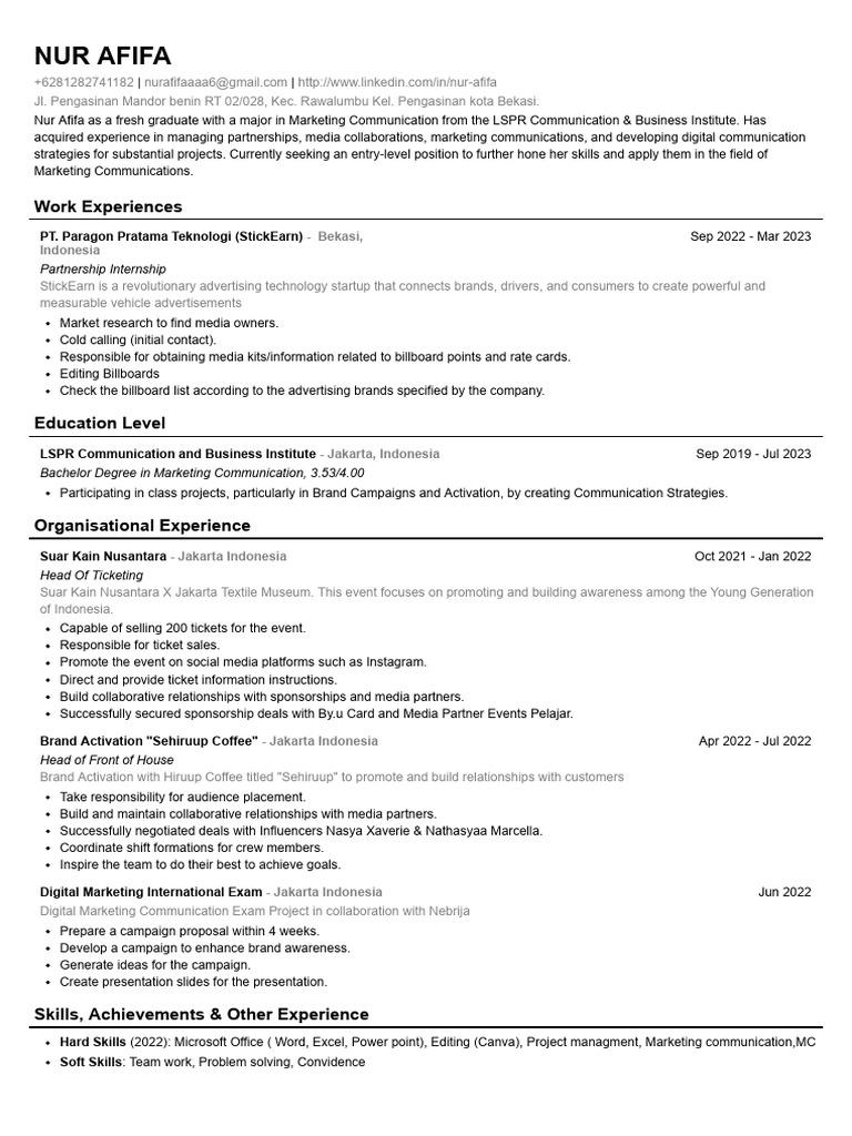 CV Nur Afifa | PDF | Business