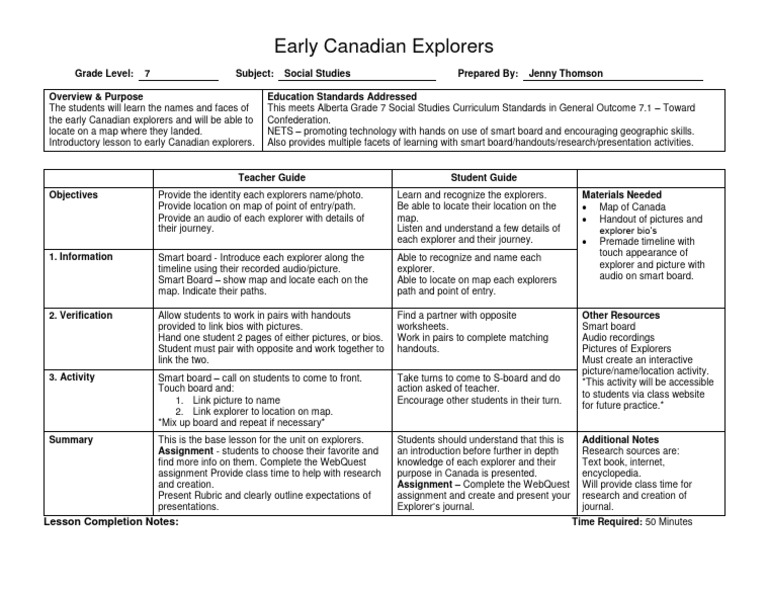 Early Canadian Explorers Edit Lab 3 Lesson Plan | PDF | Lesson Plan ...