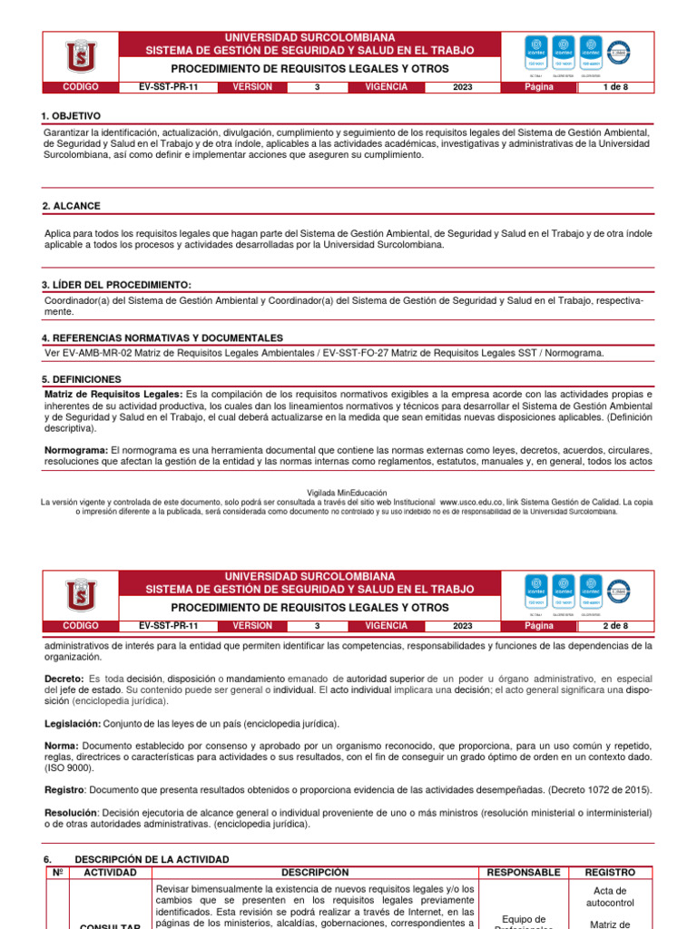 Ev-Sst-Pr-11 Procedimiento Matriz de Requisitos Legales y Otros | PDF | Sistema de manejo de calidad