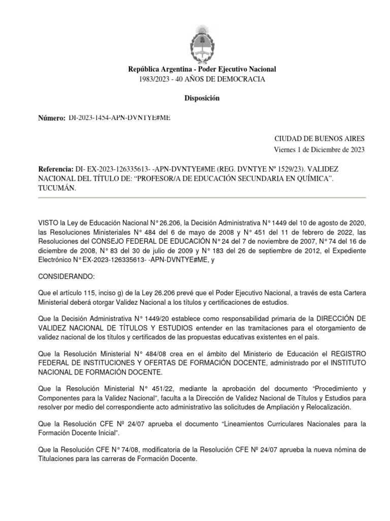 DIS N° 1454-23 (DI-2023-143250028-APN-DVNTYE%ME) | PDF | Gobierno