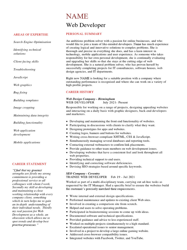 webdeveloper_resume_sample | PDF | World Wide Web | Internet & Web