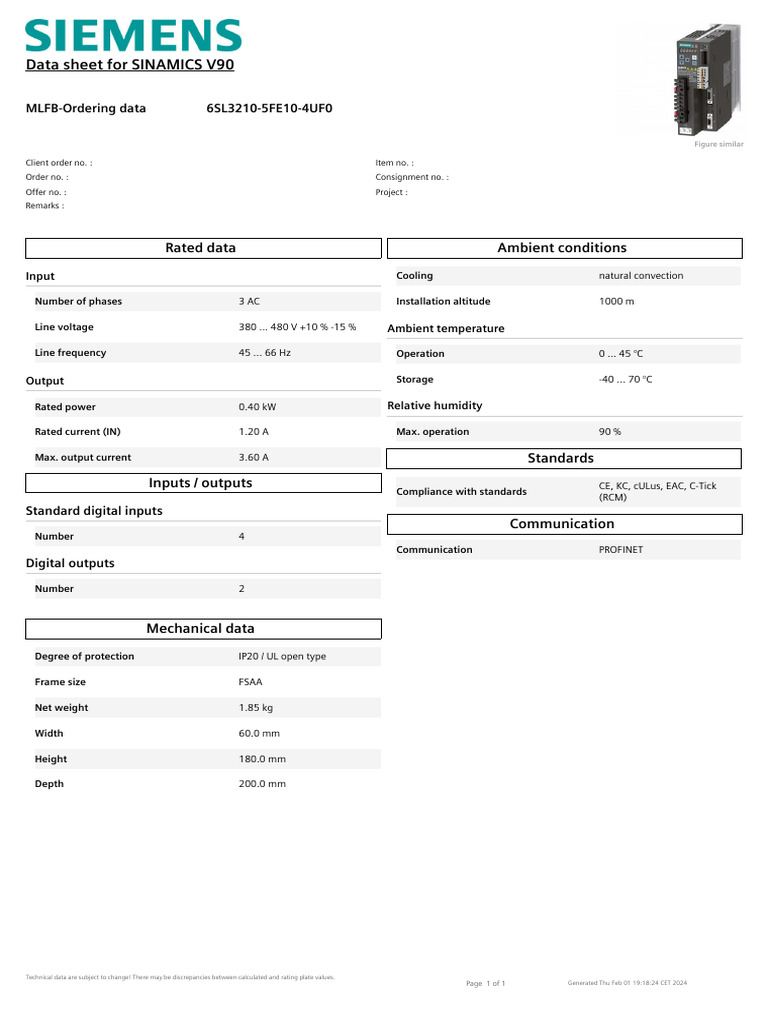 SINAMICS V90 Data Sheet Overview | PDF