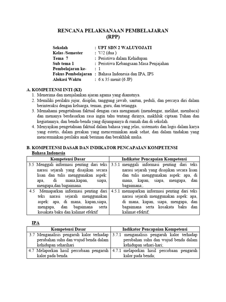 RPP Kelas 5: Sejarah & IPA Penjajahan | PDF