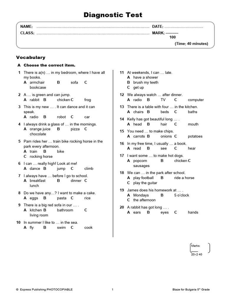 Diagnostic Test 5th Grade | PDF | Cuisine | Cooking