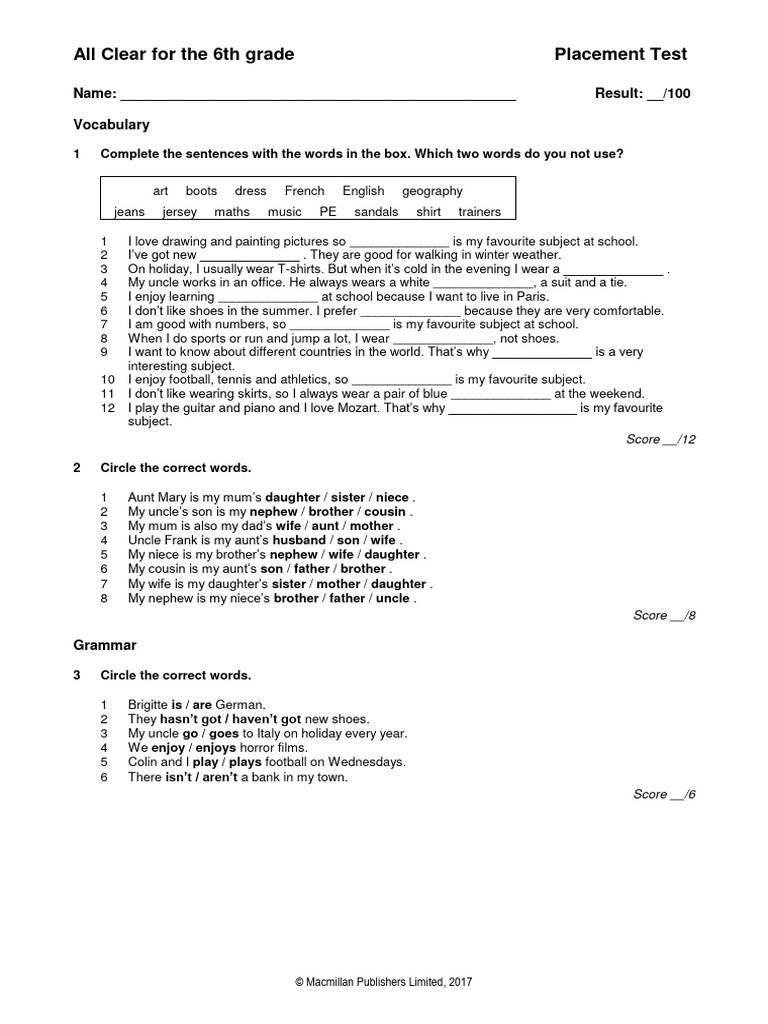 All Clear 6th Grade Placement Test | PDF