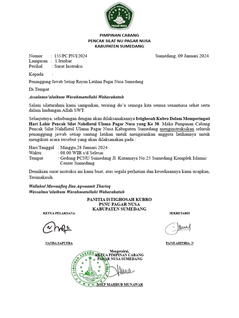 Surat Undangan Rayon Harlah Pagar Nusa Ke 38 | PDF