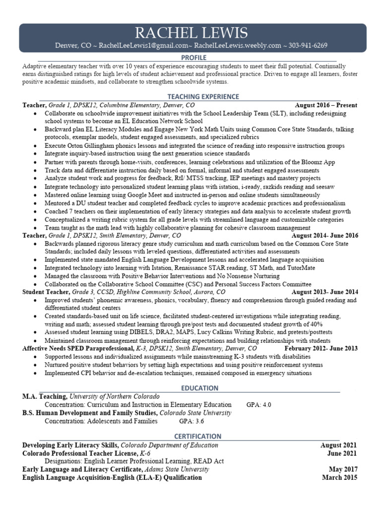 Rachel Lewis Resume | PDF | Phonics | Teachers