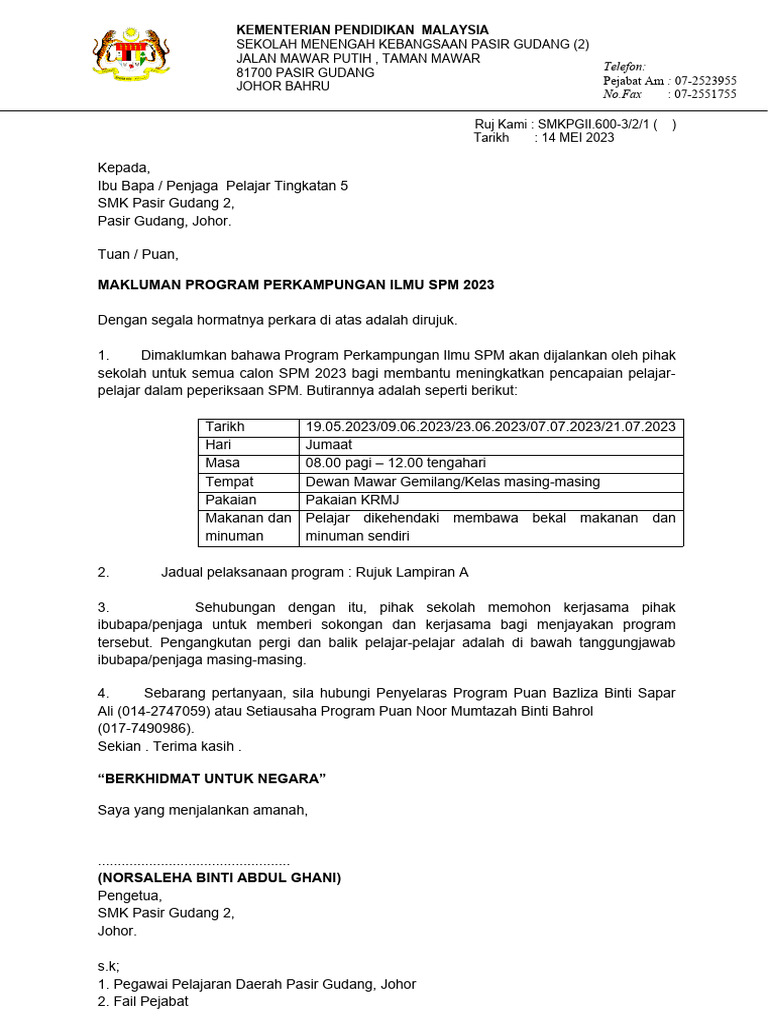 SURAT MAKLUMAN Perkampungan Ilmu 2023 | PDF