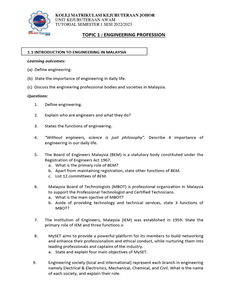 Tutorial 1 - Engineering Profession | PDF | Engineering | Engineer