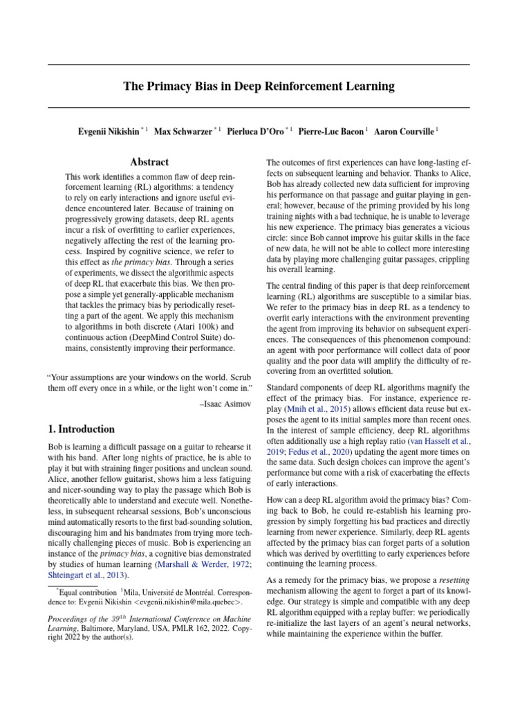The Primacy Bias in Deep Reinforcement Learning | PDF