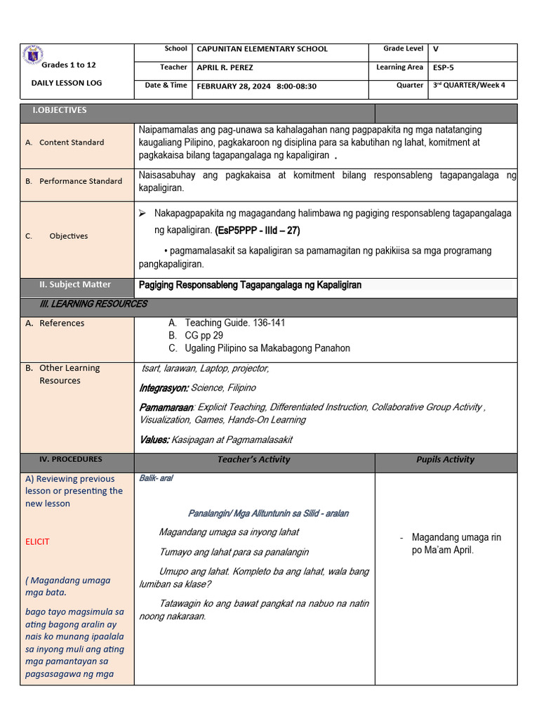 ESP 5 COT 3rd QUARTER DETAILED LESSON PLAN | PDF