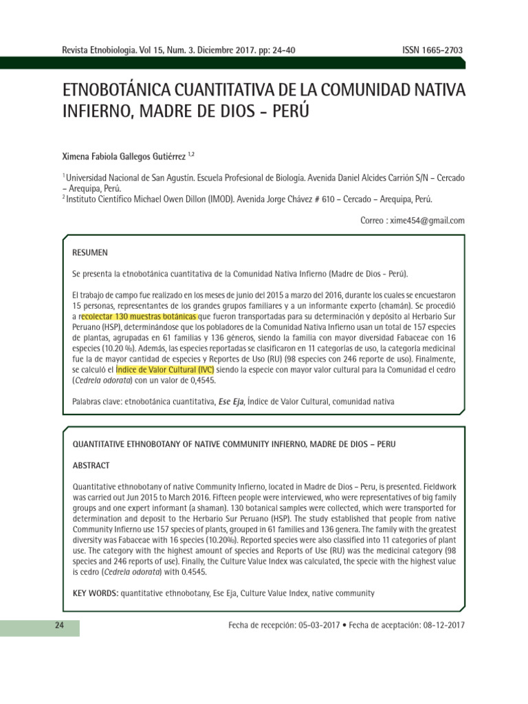 Etnobotánica Cuantitativa de la Comunidad Nativa Infierno, Madre de ...